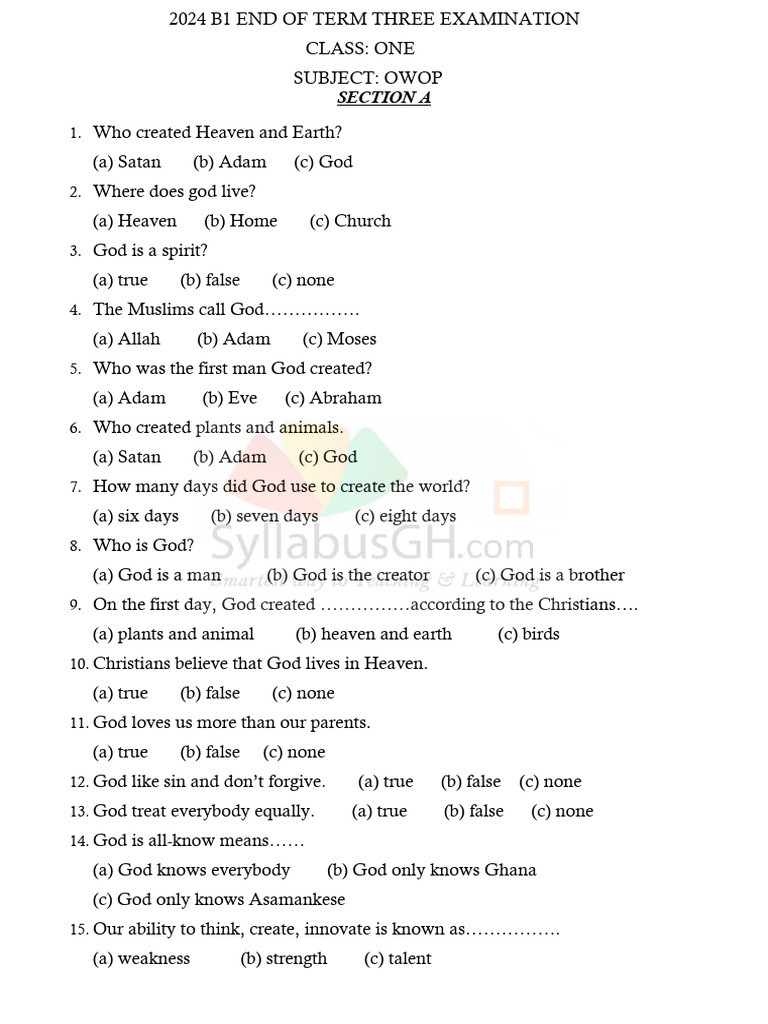 2024 B1 End of Term 3 Exams - OWOP | PDF
