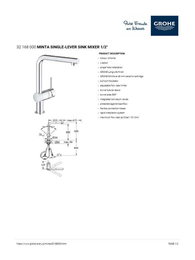 GROHE Specification Sheet 32168000 | PDF | Equipment