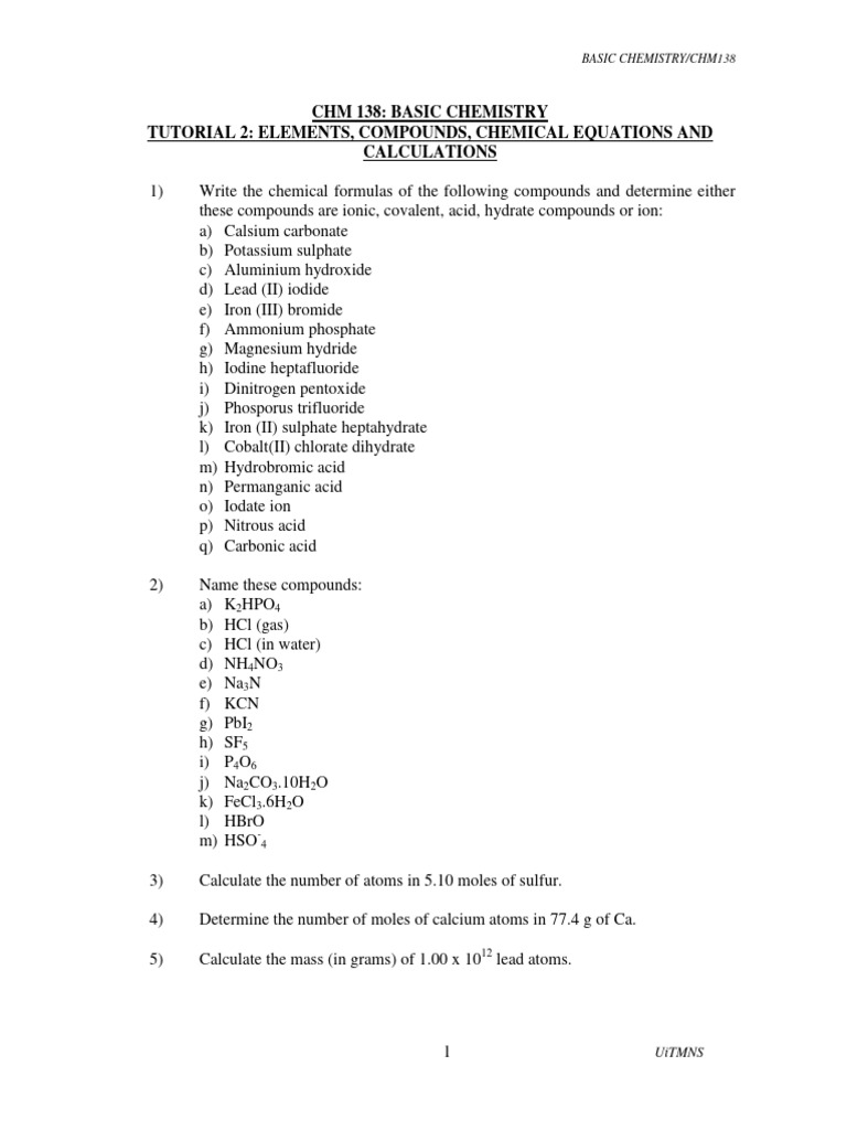 TUTORIAL CHAPTER 2 | Download Free PDF | Chemical Compounds | Mole (Unit)