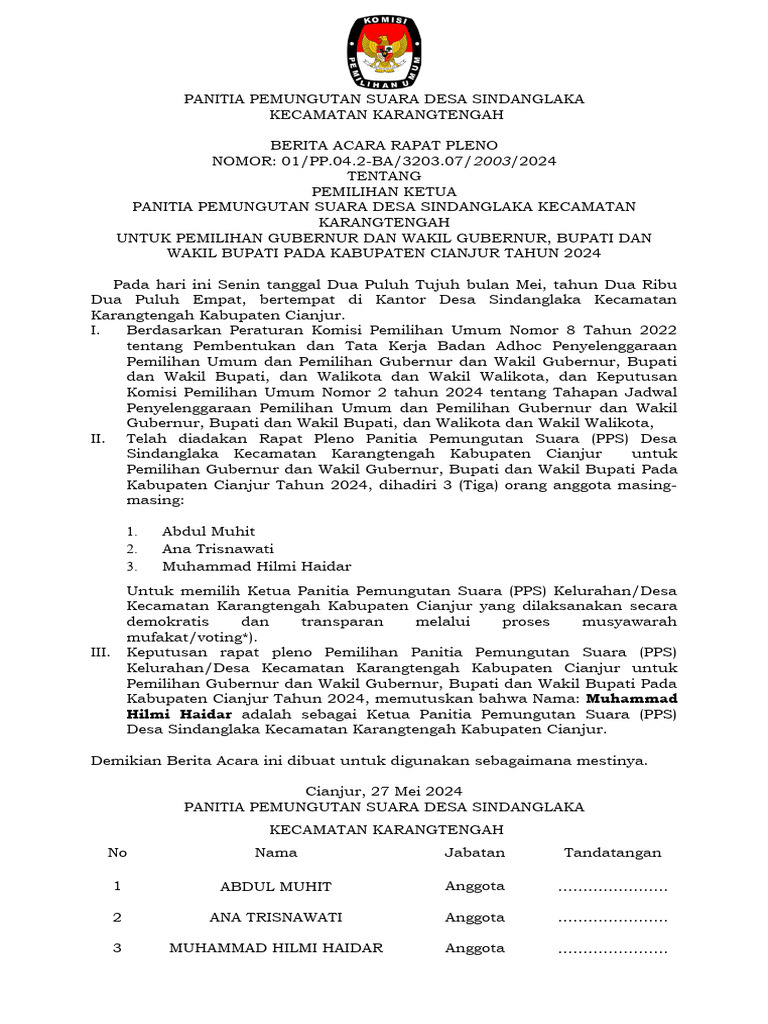 Ba Pemilihan Ketua PPS Pilkada 2024 | PDF