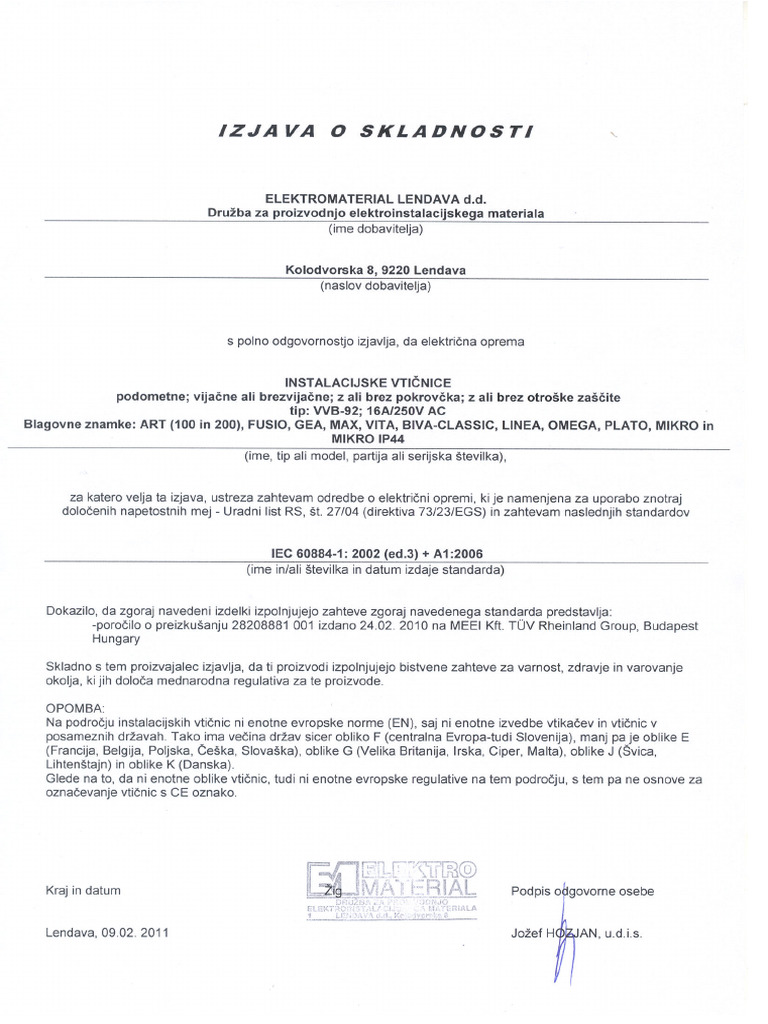 Izjava o skladnosti - Instalacijske vtičnice | PDF