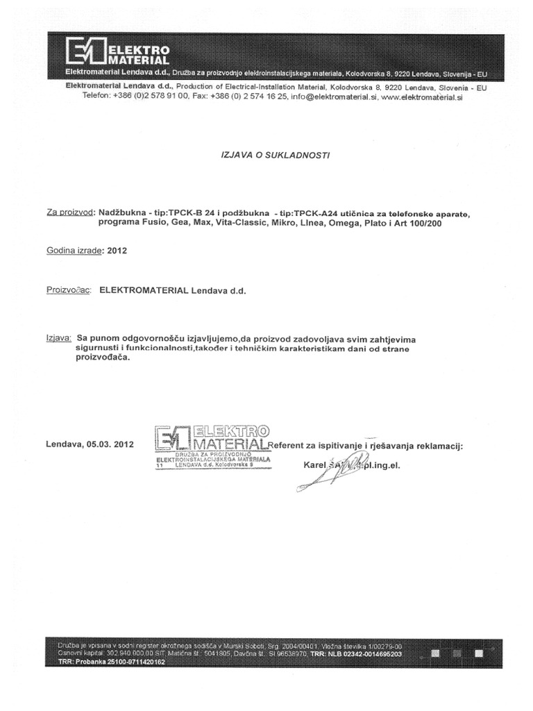 izjava o sukladnosti - telefonska utinica A-B | PDF