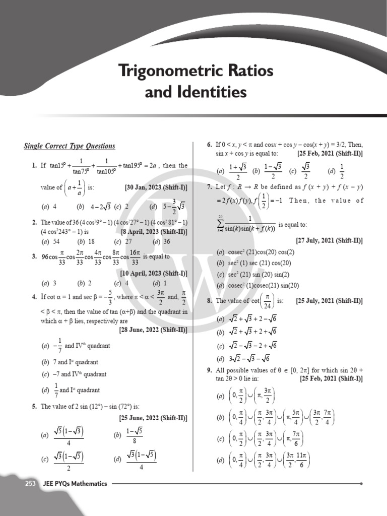 Trigonometric Ratios and Identities - PYQ Practice Sheet | PDF ...