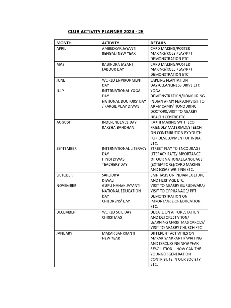 CLUB ACTIVITY PLANNER 2024 | Download Free PDF | South Asia