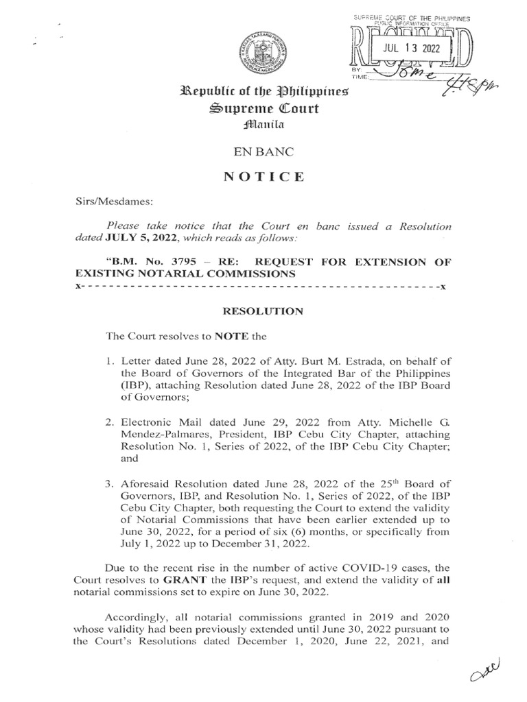 Re - Request For Extension of Existing Notarial Commissions - Supreme Court of The Philippines | PDF