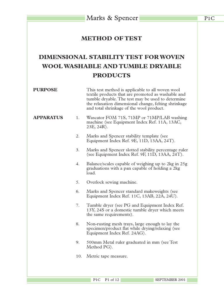 P1C-Dimensional Stability Test For Woven Wool Washable and Tumble ...