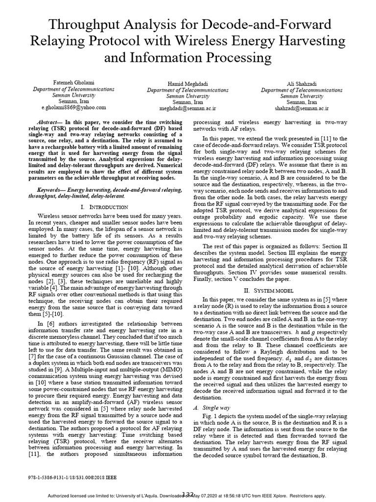 Throughput Analysis of SWIPT DF Relays 2018 | PDF | Wireless Sensor Network | Mimo