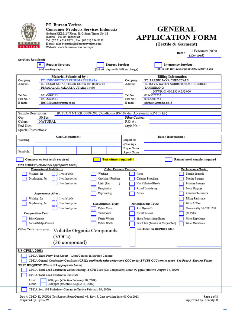 CPSD SL FORM TestRequestFormGeneral v5 (Revisi) | PDF | Textiles ...