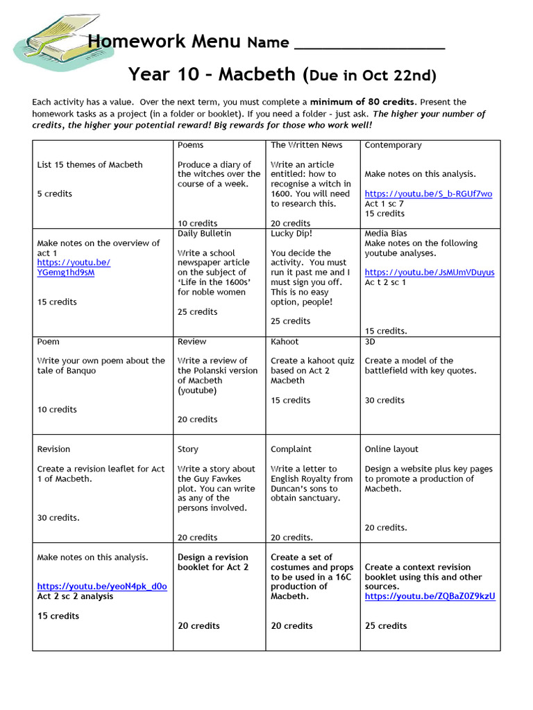 Year 10 EL Menu On Macbeth | PDF | Macbeth | Mass Media