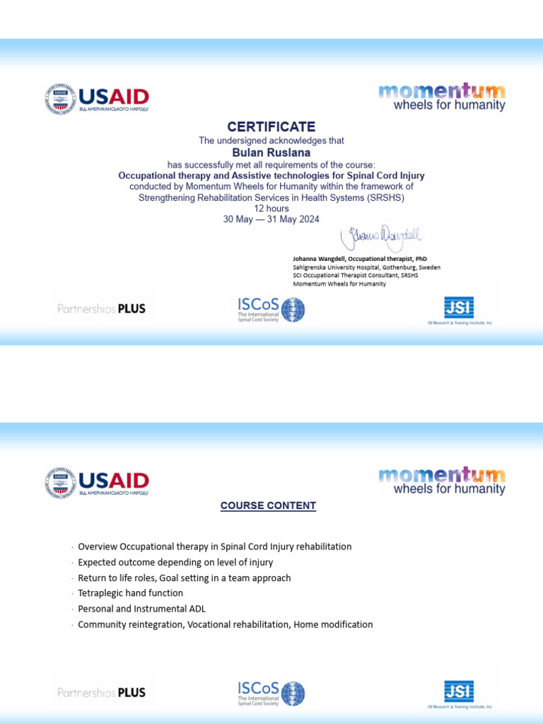 Occupational Therapy Course Certificate | PDF | Science & Mathematics