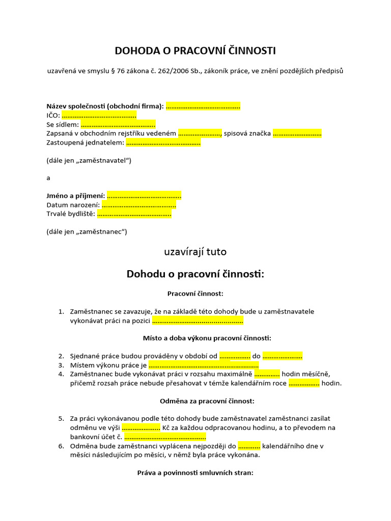 Dohoda o Pracovni Cinnosti Vzor 2023 Od Csob | PDF Dohoda o Pracovni Cinnosti Vzor 2023 Od Csob | PDF