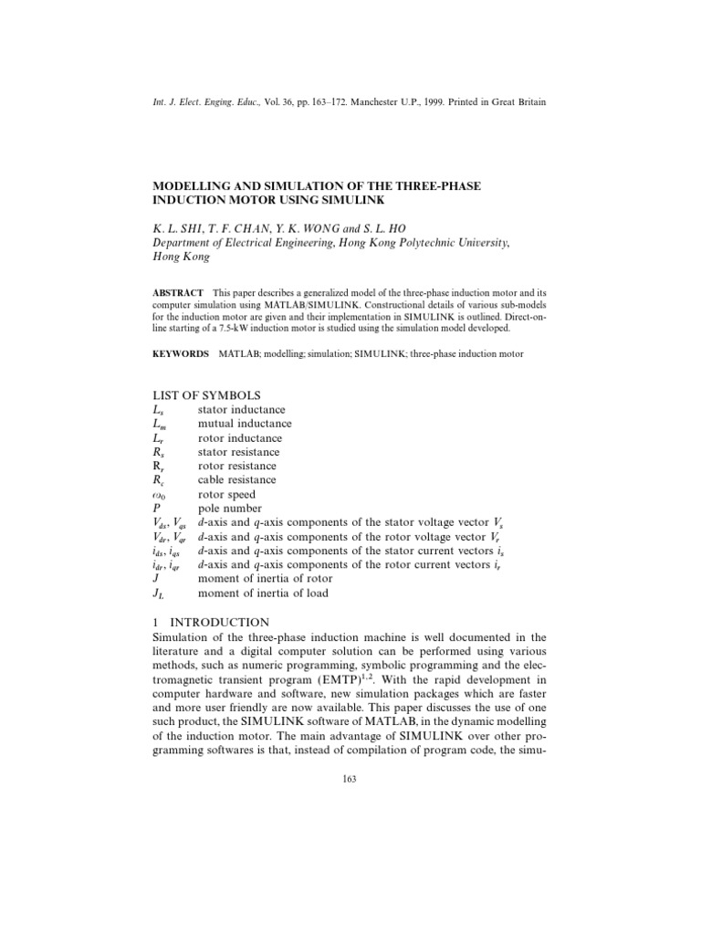 Modelling And Simulation Of The Three Phase Induction Motor Using