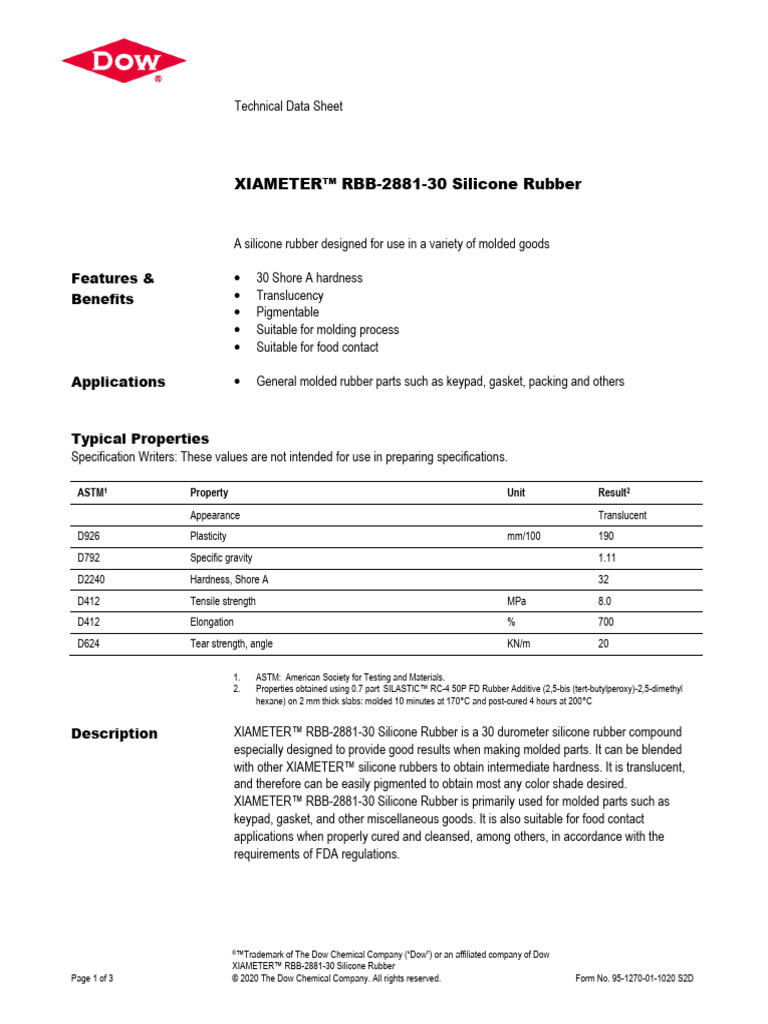 95 1270 01 Xiameter RBB 2881 30 Silicone Rubber | PDF | Silicone | Dow ...