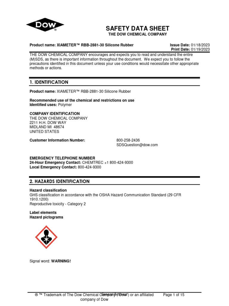 XIAMETERâ RBB-2881-30 Silicone Rubber-Safety Data Sheet-EN | PDF ...