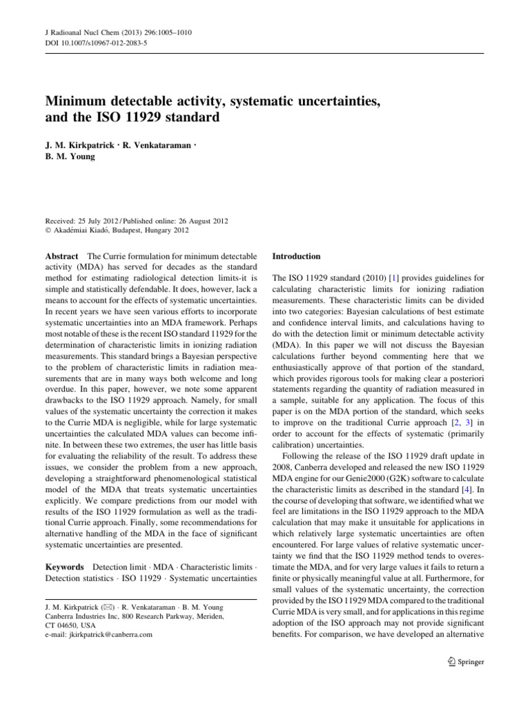 Minimum Detectable Activity, Systematic Uncertainties, and The ISO 11929 Standard | PDF ...