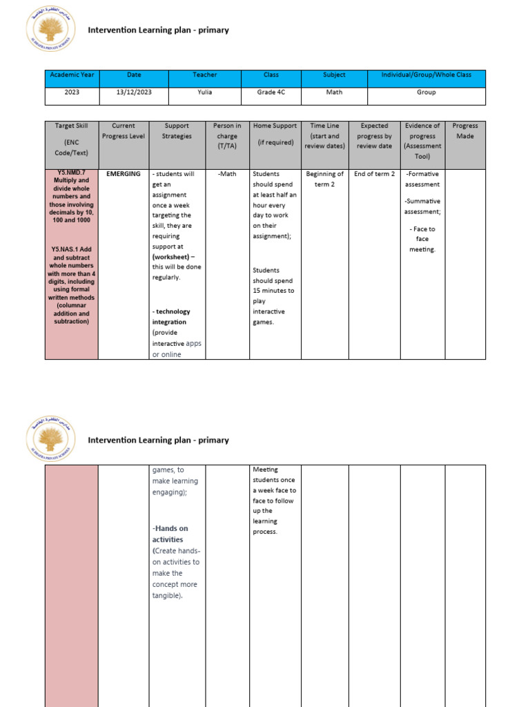 Intervention Plan - Primary Math | PDF | Learning | Cognition