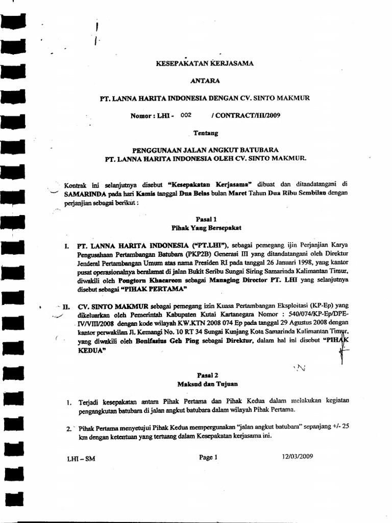 Kesepakatan Kerjasama PT. Lana Harita | PDF