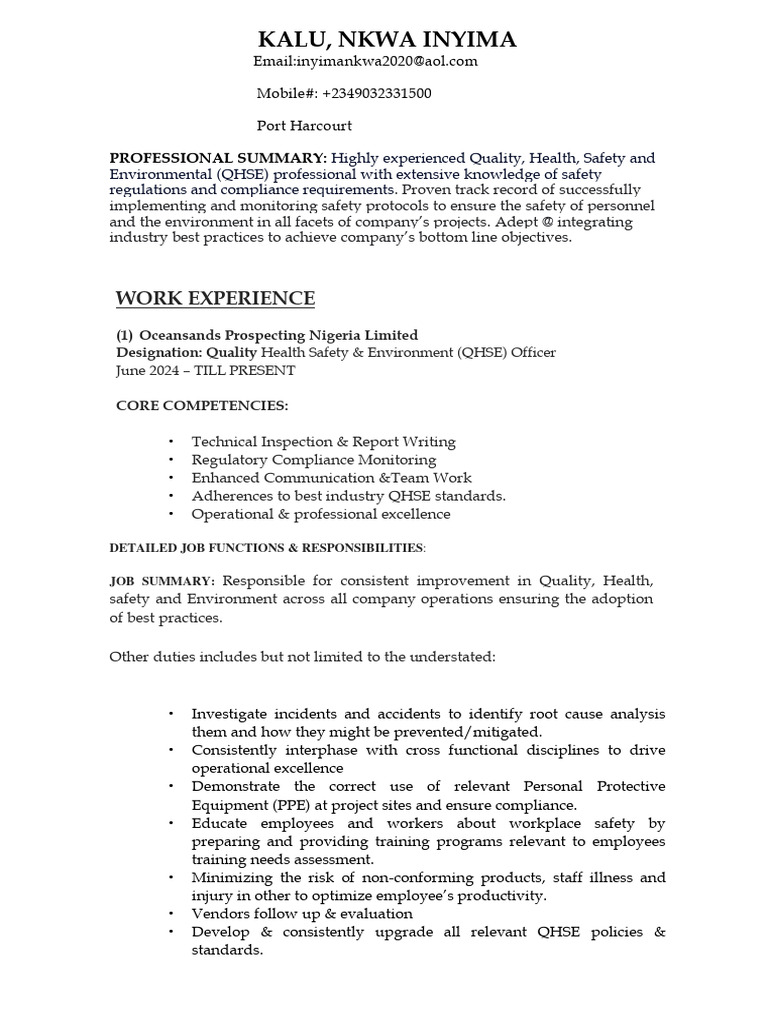 Engr Kalu Nkwa Inyima Qhse Officer CV PDF | PDF | Safety | Regulatory ...