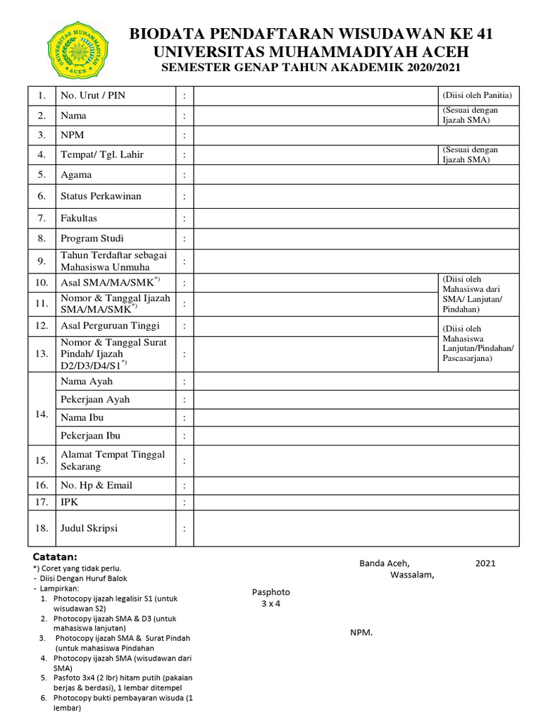 @biodata Dan Surat Pernyataan Calon Wisudawan | PDF