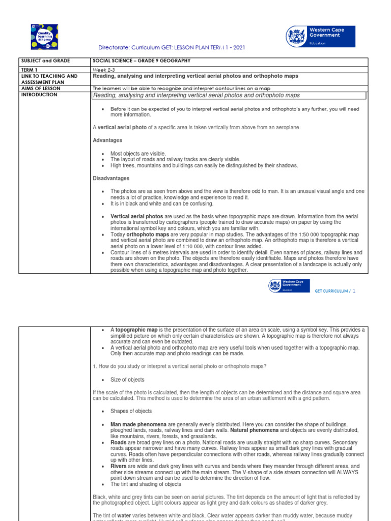 Lesson Plan SP Grade 9 SS Geography T1 W2 | PDF | Map | Topography