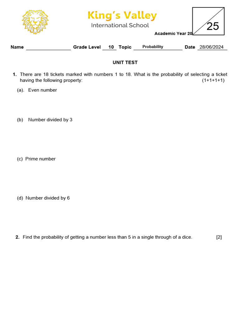 Grade 10 Probability Test | PDF | Probability | Mathematics