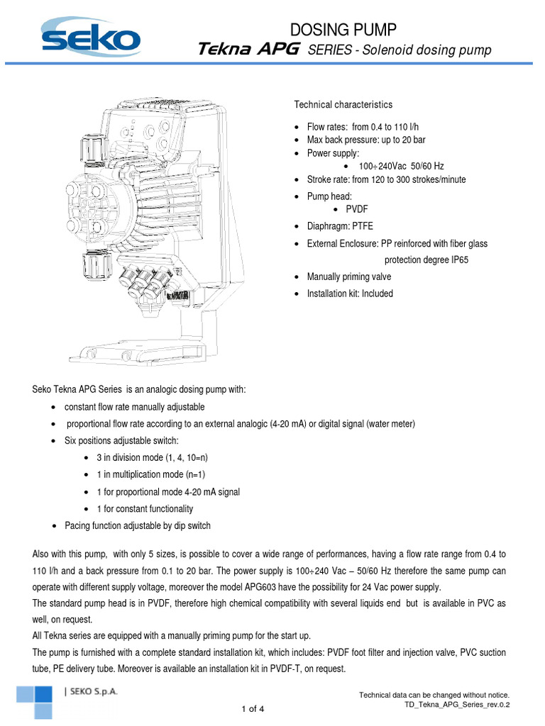 Tekna EVO APG 603 Dosing Pump Manual | PDF | Pump | Power Supply