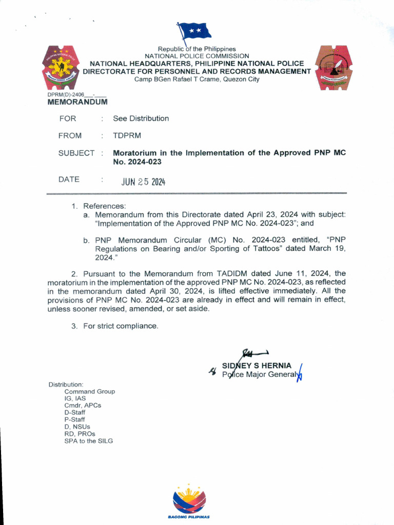 Moratorium in The Implementation of The Approved PNP MC No. 2024-023 ...