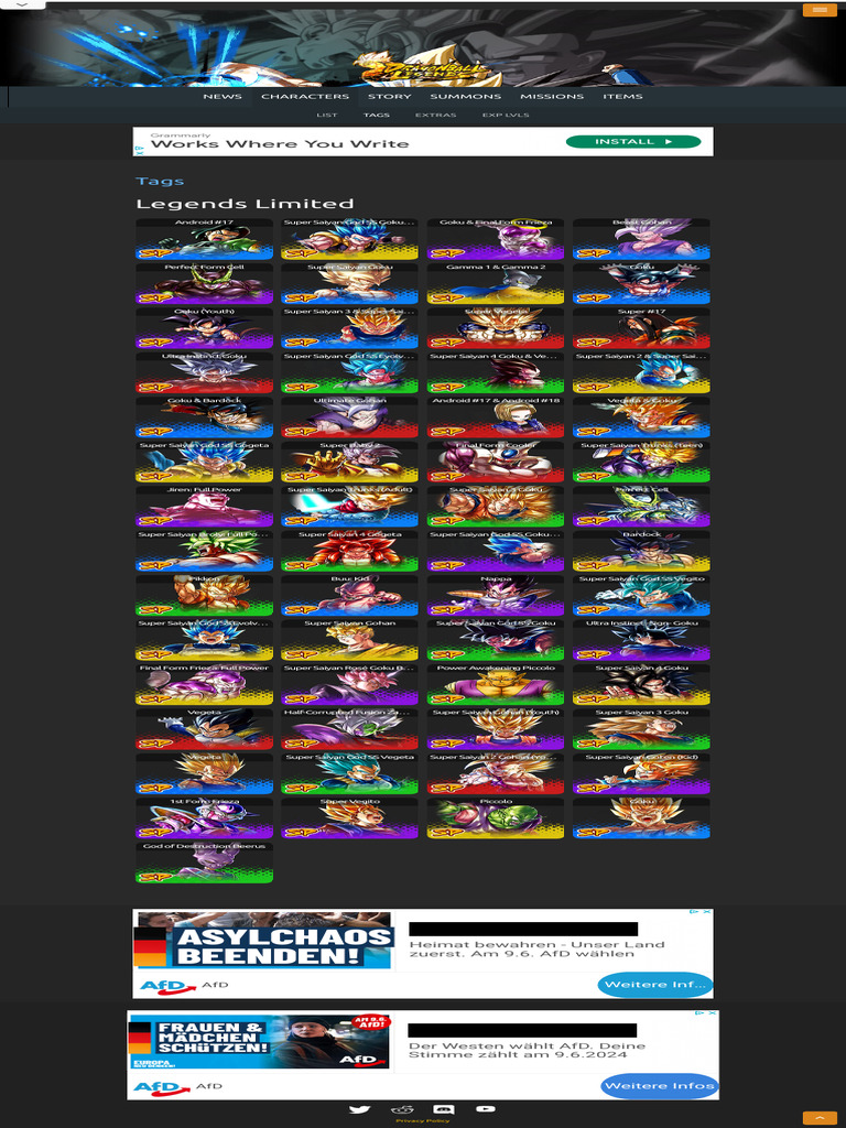 Legends Limited Tag List Characters Dragon Ball Legends DBZ Space | PDF ...
