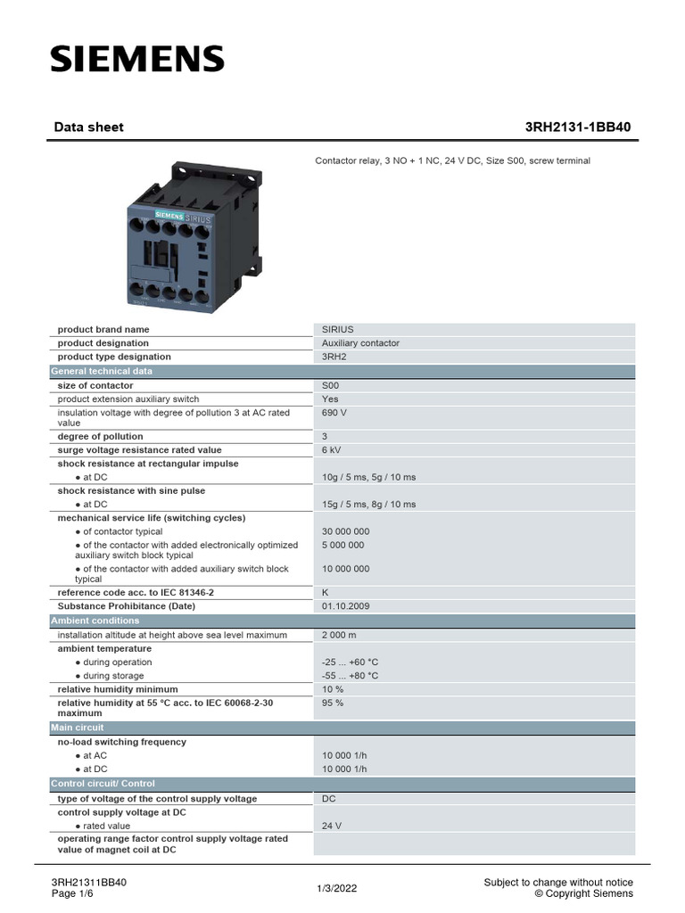 3RH21311BB40_datasheet_en | PDF | Electrical Engineering | Electrical Equipment