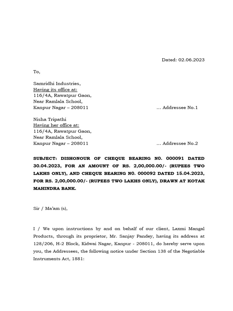 Notice - 29.05.2023 - Section 138 | PDF | Cheque | Payments