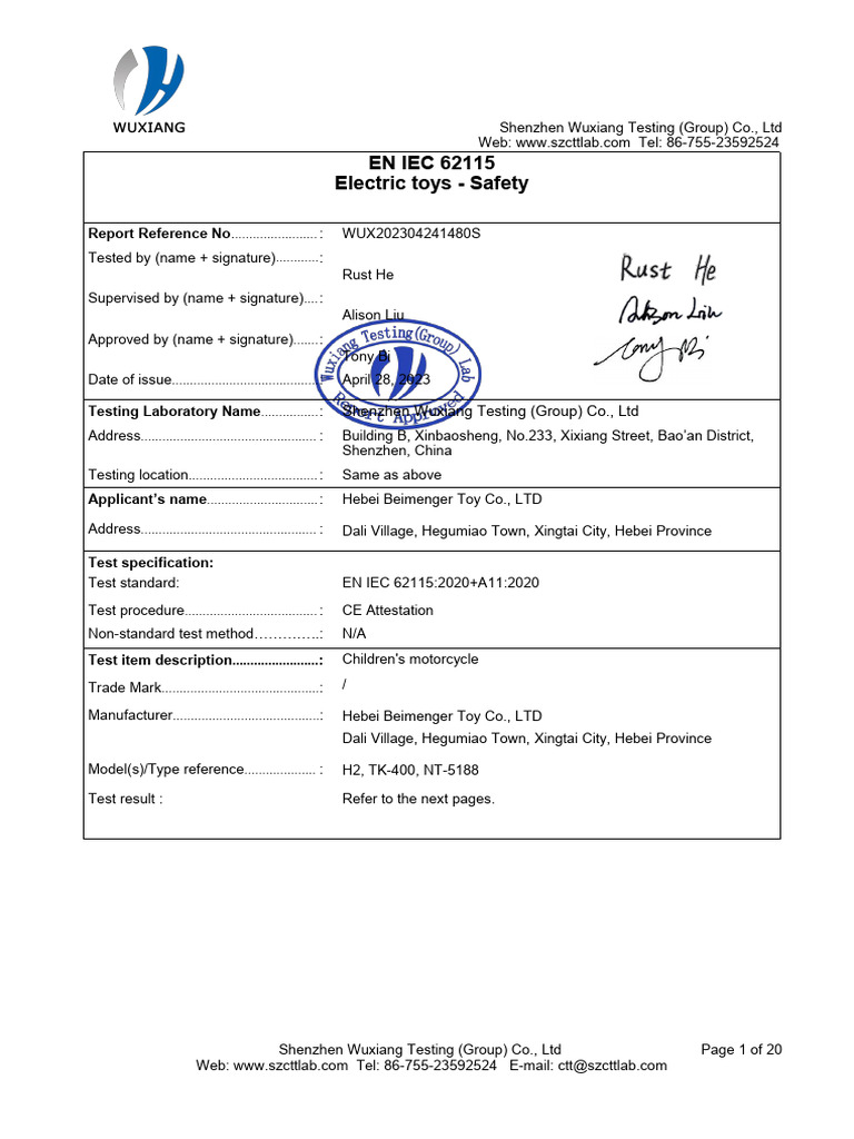 WUX202304241480S EN62115 Report | PDF | Safety | International ...