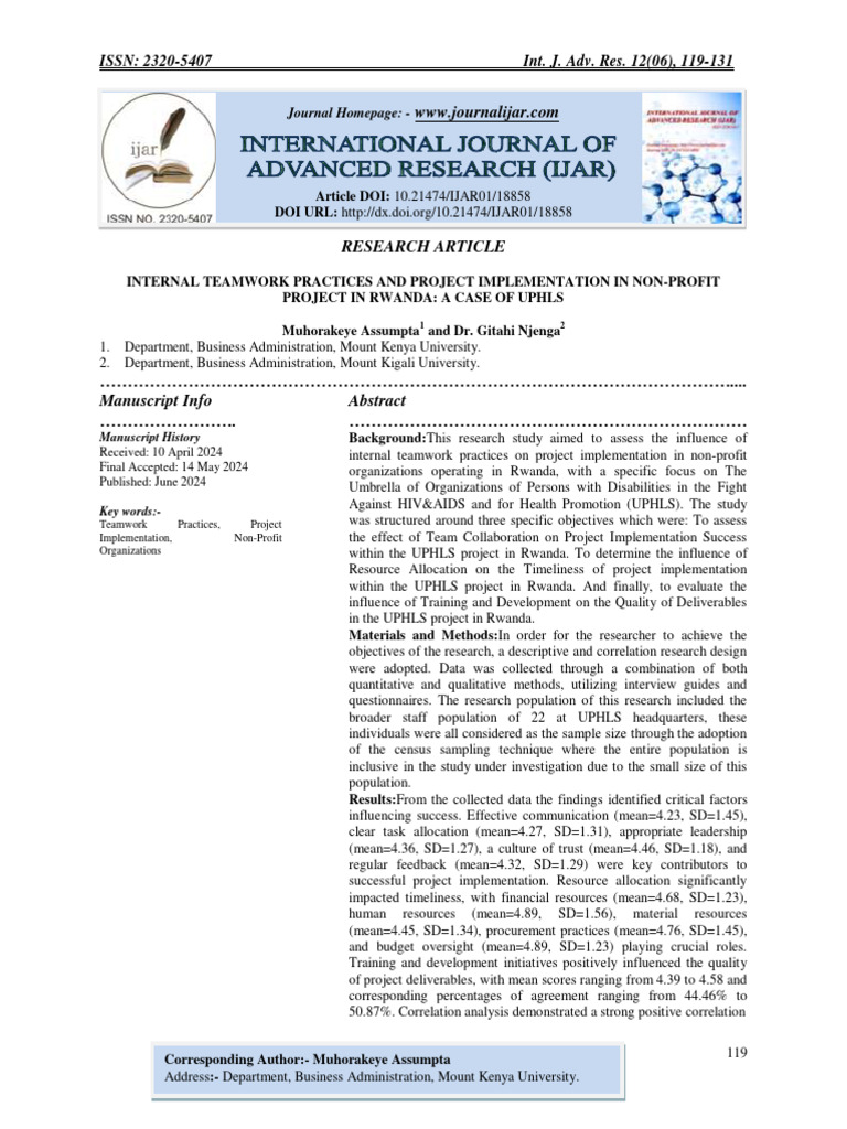 Internal Teamwork Practices and Project Implementation in Non-Profit Project in Rwanda: A Case ...