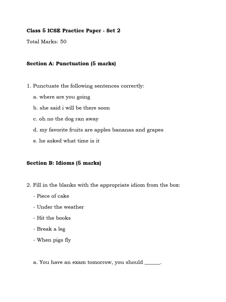 Class 5 ICSE Practice Paper - Set 2 | Download Free PDF | Plural | Noun