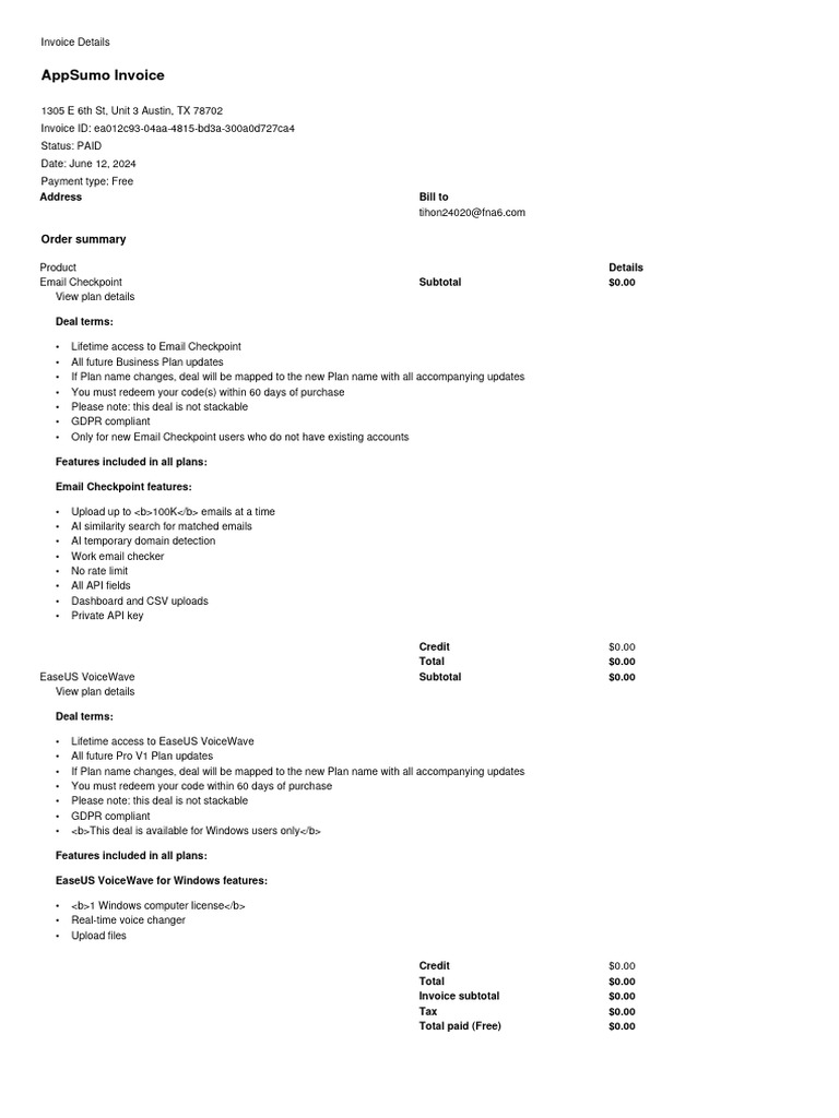 appsumo-report-EaseUS Voicewave & Emailcheckpoint | PDF | Invoice ...