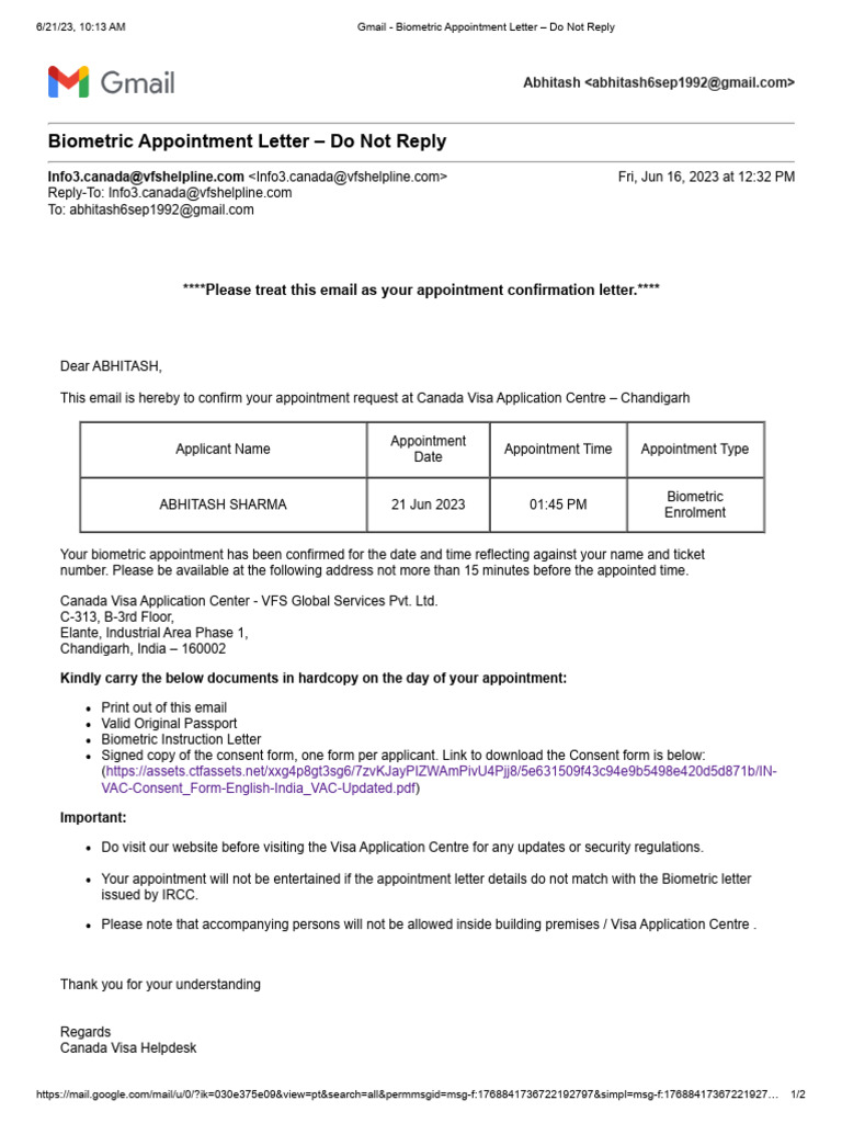 Gmail - Biometric Appointment Letter - Do Not Reply | PDF | Government ...