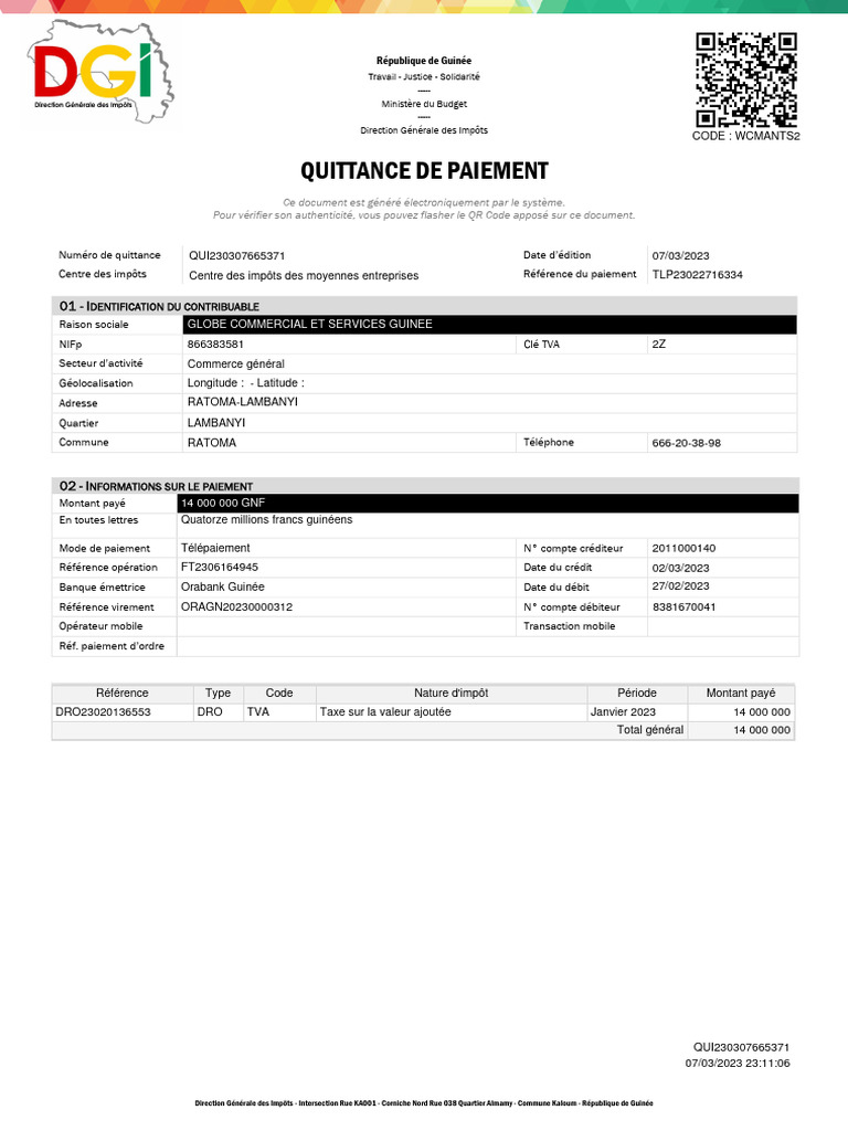 Quittance de Paiement d'Impôts en Guinée | PDF | Impôts | Guinée