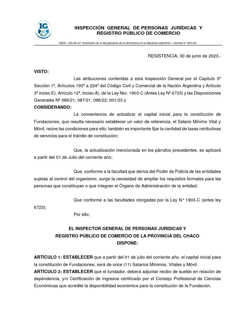 DISP. GRAL. #004 - 2023 - Disposicion | PDF | Fundación (sin fines de lucro) | Salario mínimo