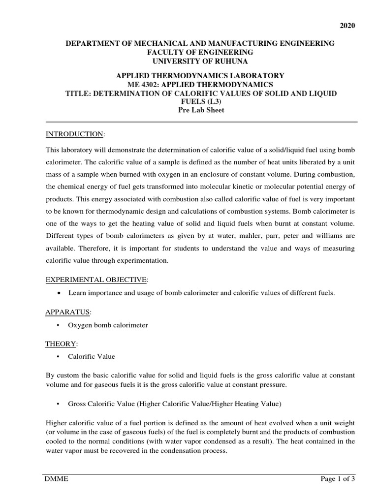 L3 - Determination of Calorific Values of Solid and Liquid Fuels - Pre ...