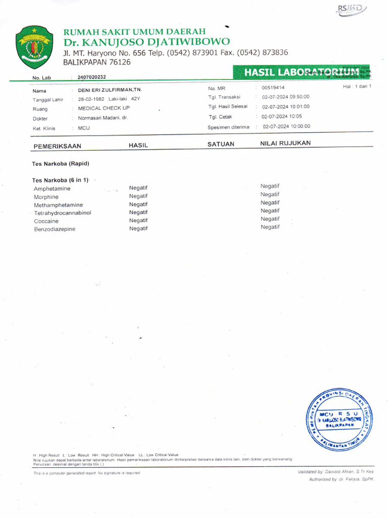 Surat Hasil Lab a.n Deni Eri Zulfirman | PDF