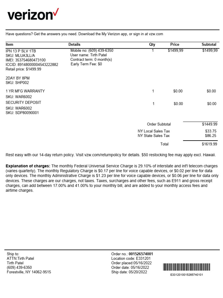 Verizon Order Details: E331201 | PDF | Fee | Service Industries