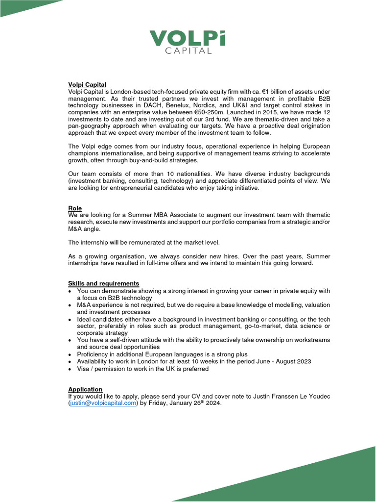 Volpi Capital - Private Equity Summer MBA Associate 2024 | PDF | Investing | Mergers And ...
