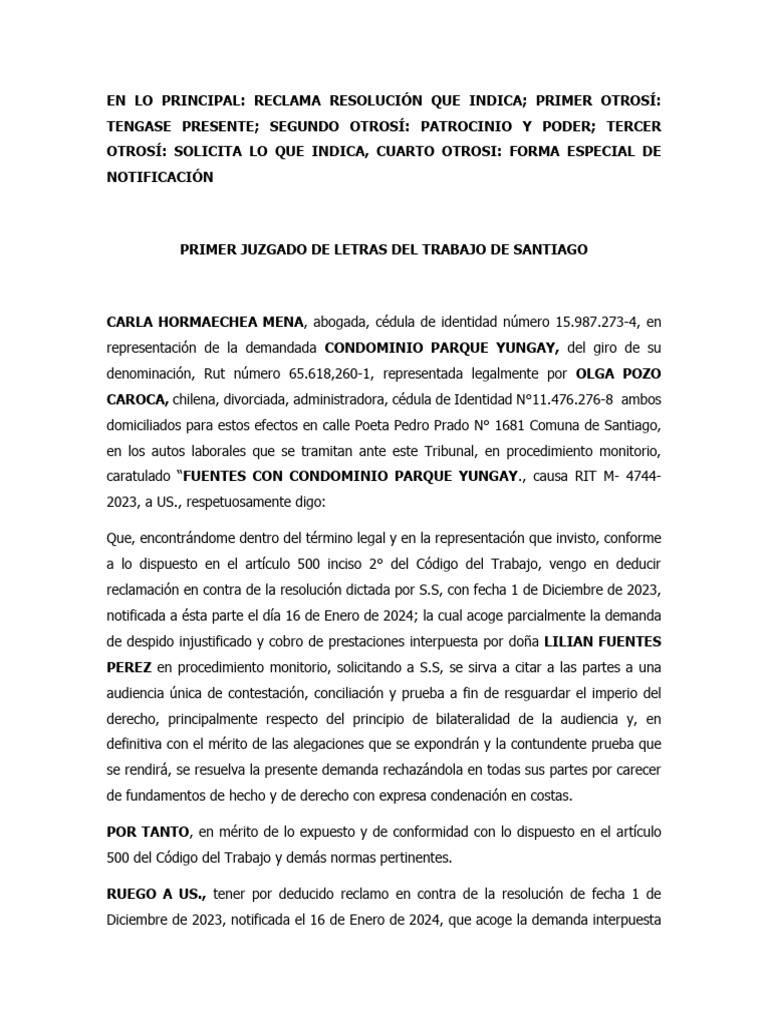 Reclama Resolucion Monitorio Laboral Condominio Yungay | PDF | Demanda ...