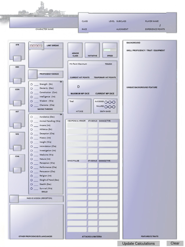 FFVII Char Sheet - Blank - Generic | PDF | Entertainment | Role Playing
