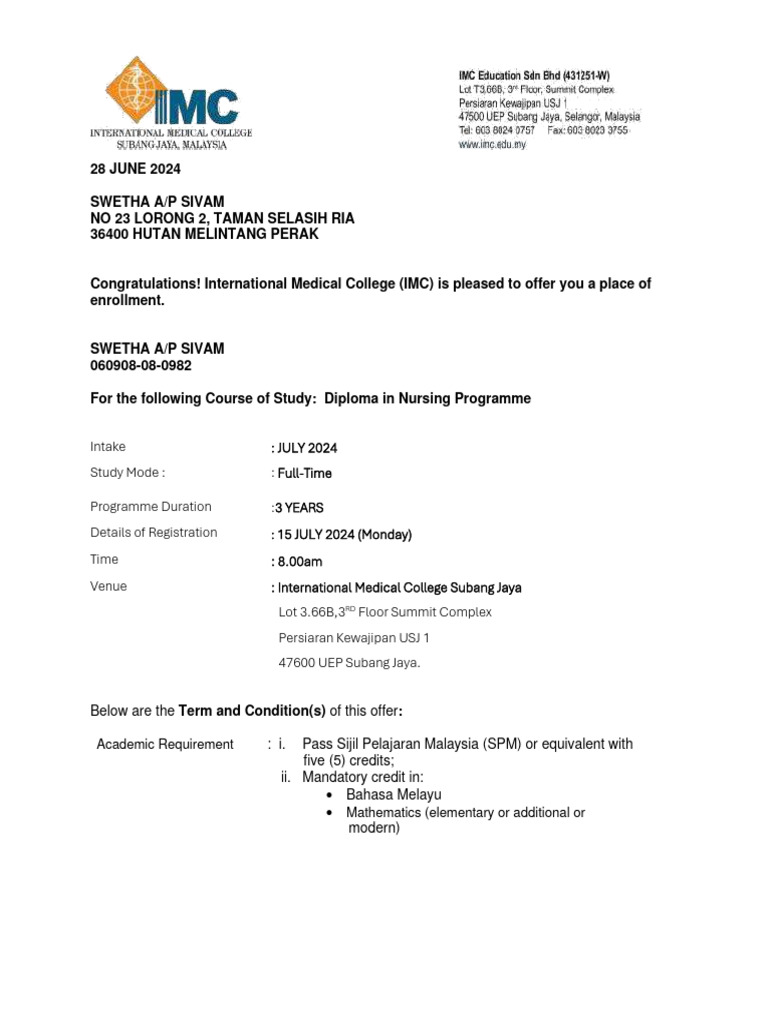 Imc Subang Jaya Offer Letter For Diploma in Nursing July 2024swetha ...