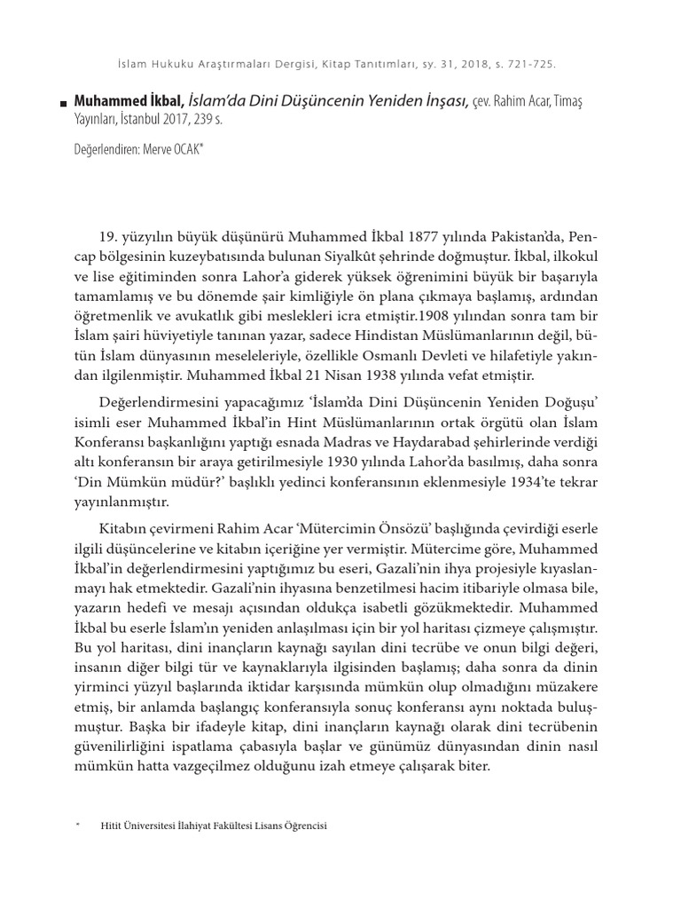 Muhammed Kbal, Slam Da Dini D Ncenin Yeniden N As, Ev. Rahim Acar, Tima Yay Nlar, Stanbul 2017 ...