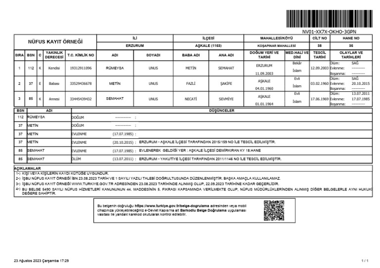 Nufus Kayit Ornegi | PDF