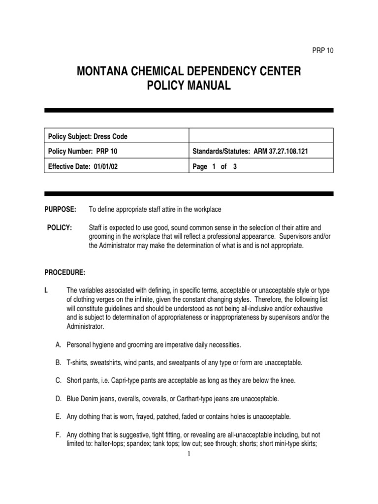 PRP10 Personnel Policies (PRP) - Dress Code | PDF | Clothing | Trousers