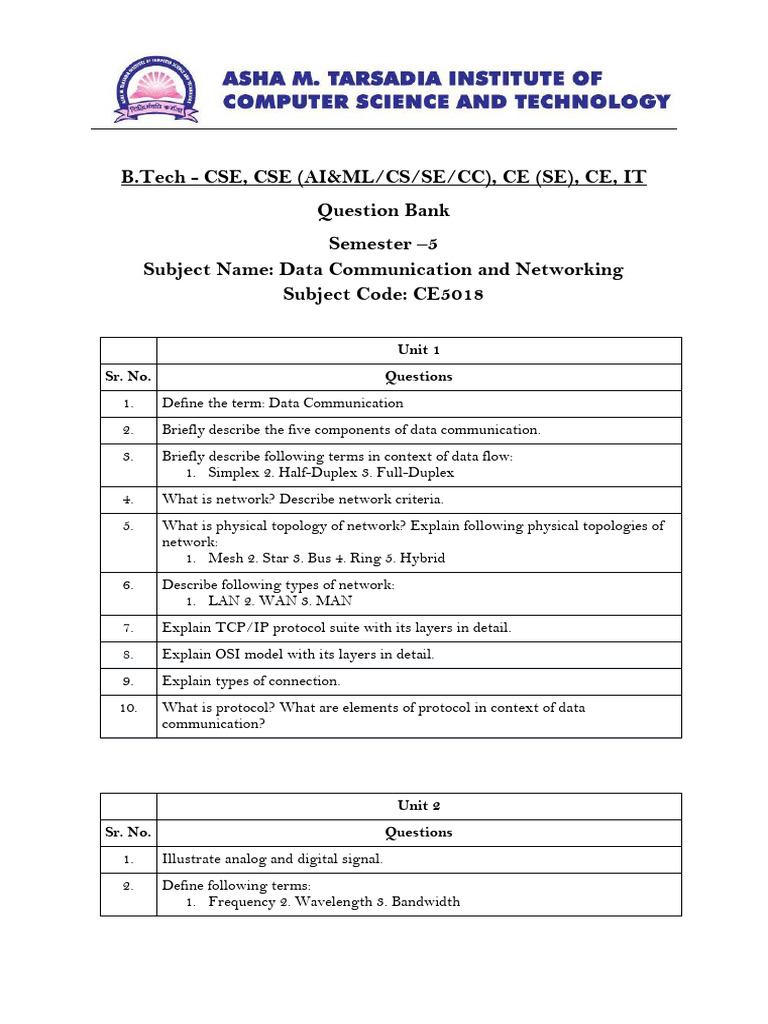 DCN Question Bank Unit Exam1 | PDF | Computer Network | Modulation