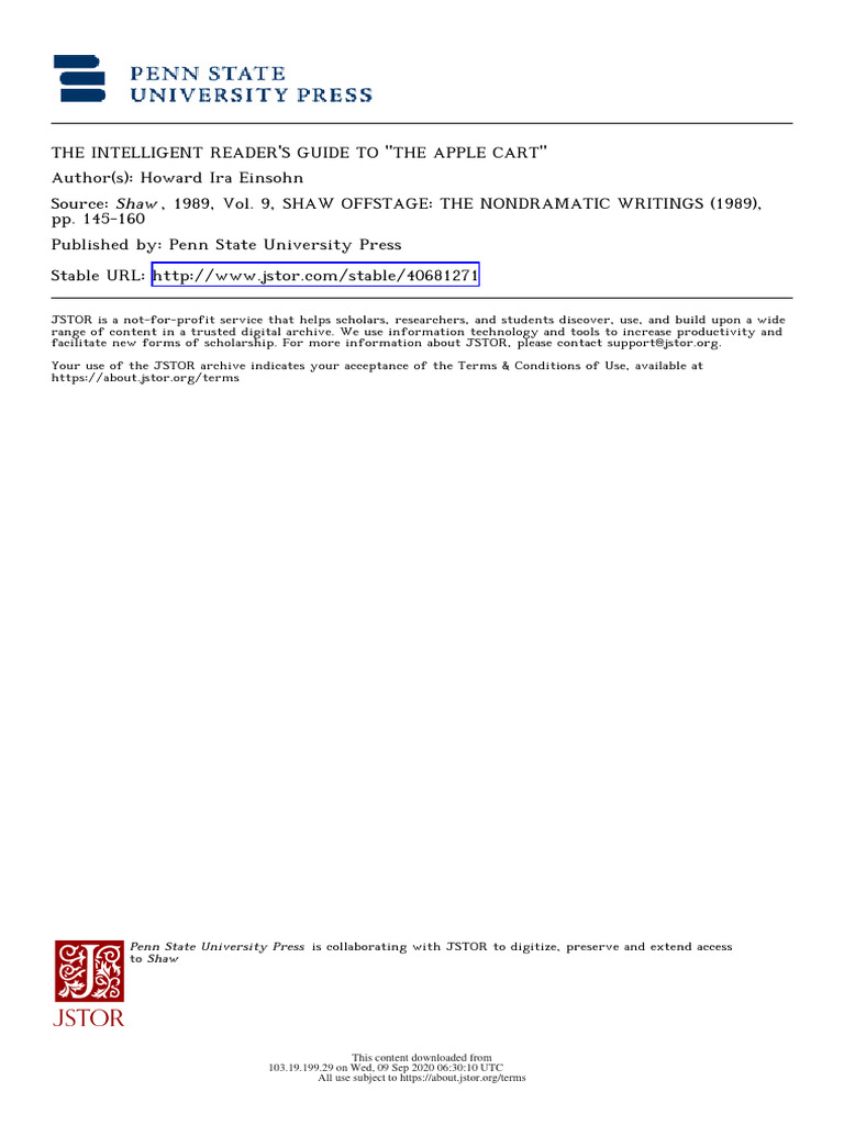 Intelligent Reader's Guide To The Apple Cart by Einsohn | PDF | George Bernard Shaw | Democracy