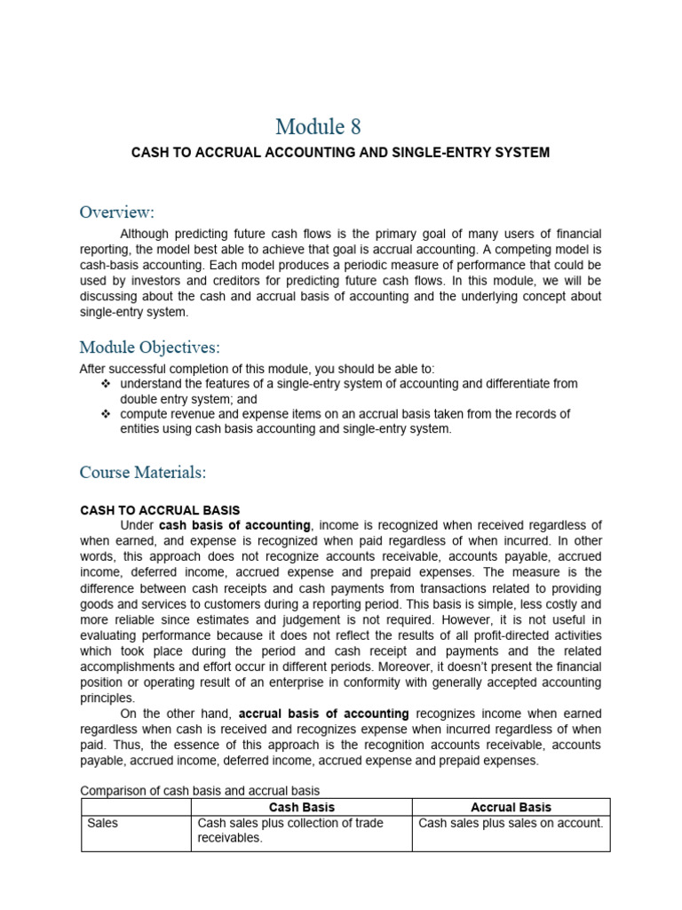 Module 8 Cash To Accrual and Single Entry System | PDF | Basis Of ...